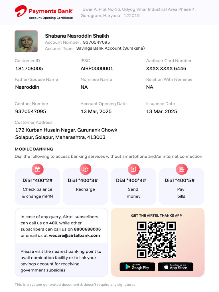 Shabana Nasroddin Shaikh: 9370547095 Savings Bank Account (Suraksha) | PDF