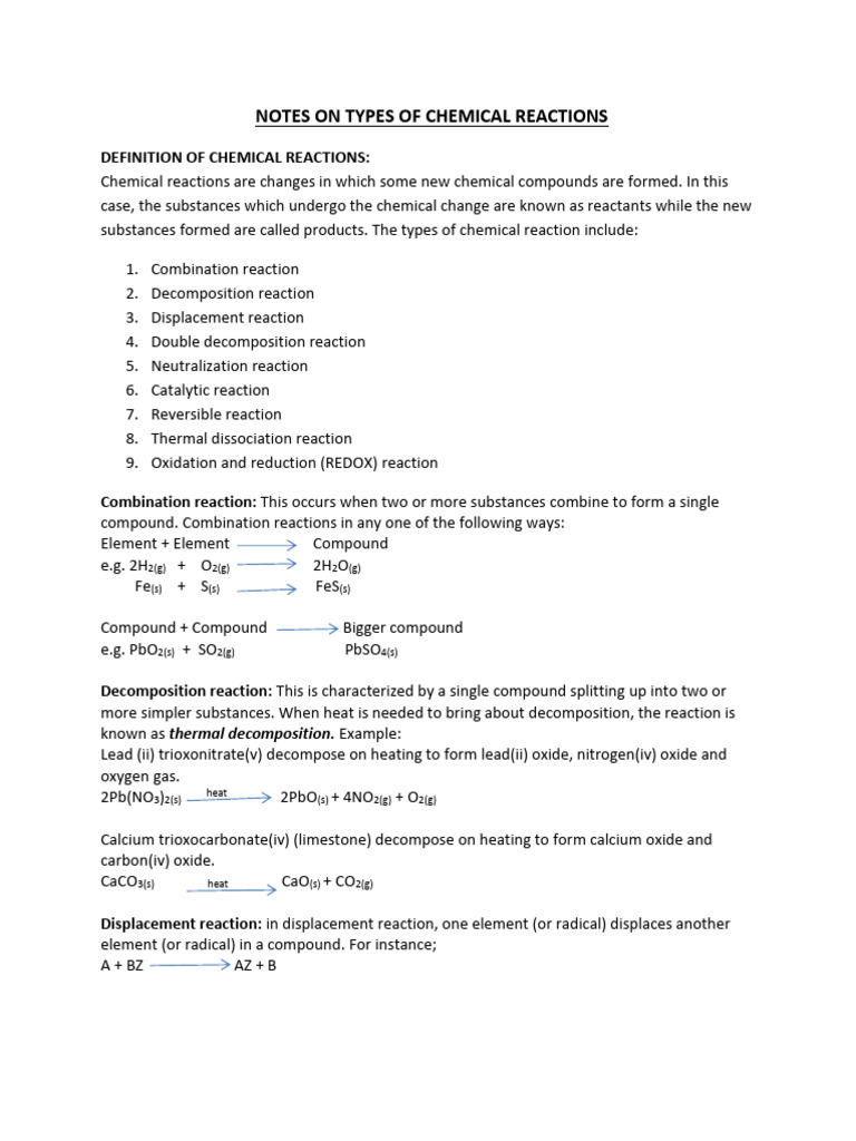 Notes On Types of Chemical Reactions | PDF | Redox | Catalysis