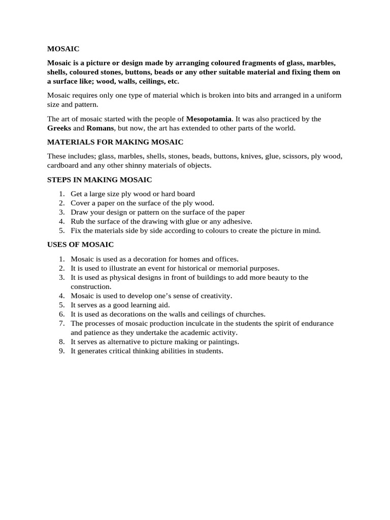 Grade 9 Mosaic Art Project Guide | PDF