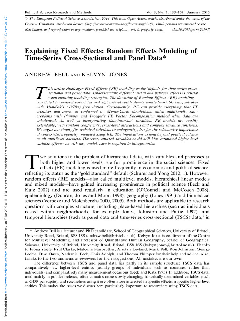 Explaining Fixed Effects Random Effects Modeling of Time Series Cross Sectional and Panel Data ...