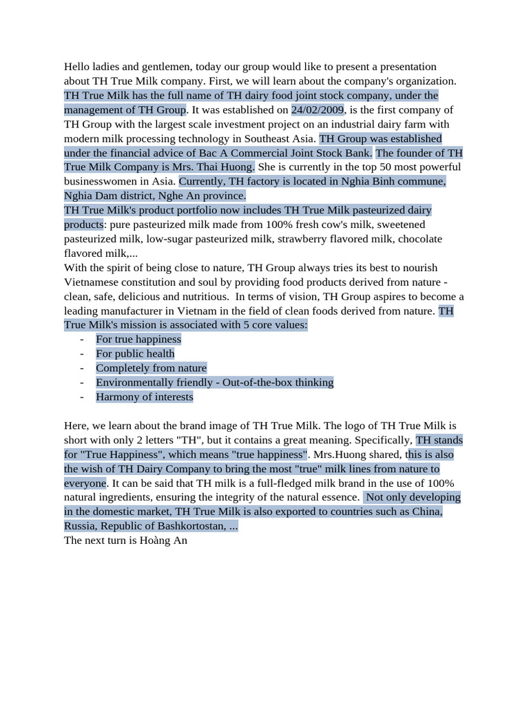 TH True Milk Company Overview | PDF