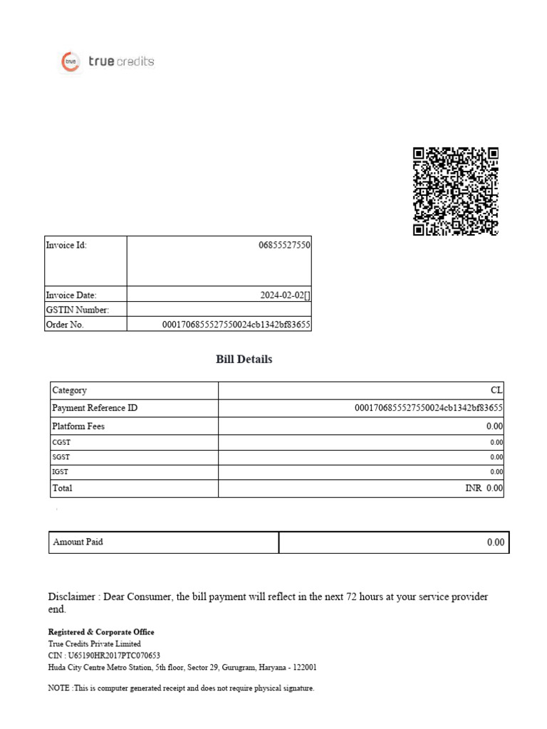 Zero Amount Invoice Receipt - True Credits | PDF