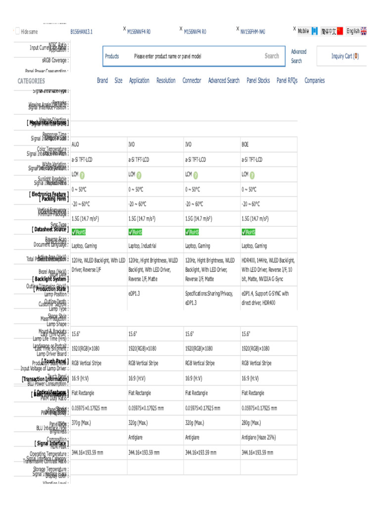 Panel Specification Compare - Panelook | PDF