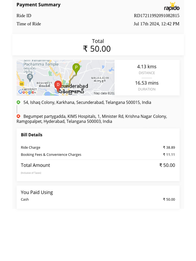 Primal Projects to Kims Hospital Rapido Fare on 17-07-24 | PDF ...