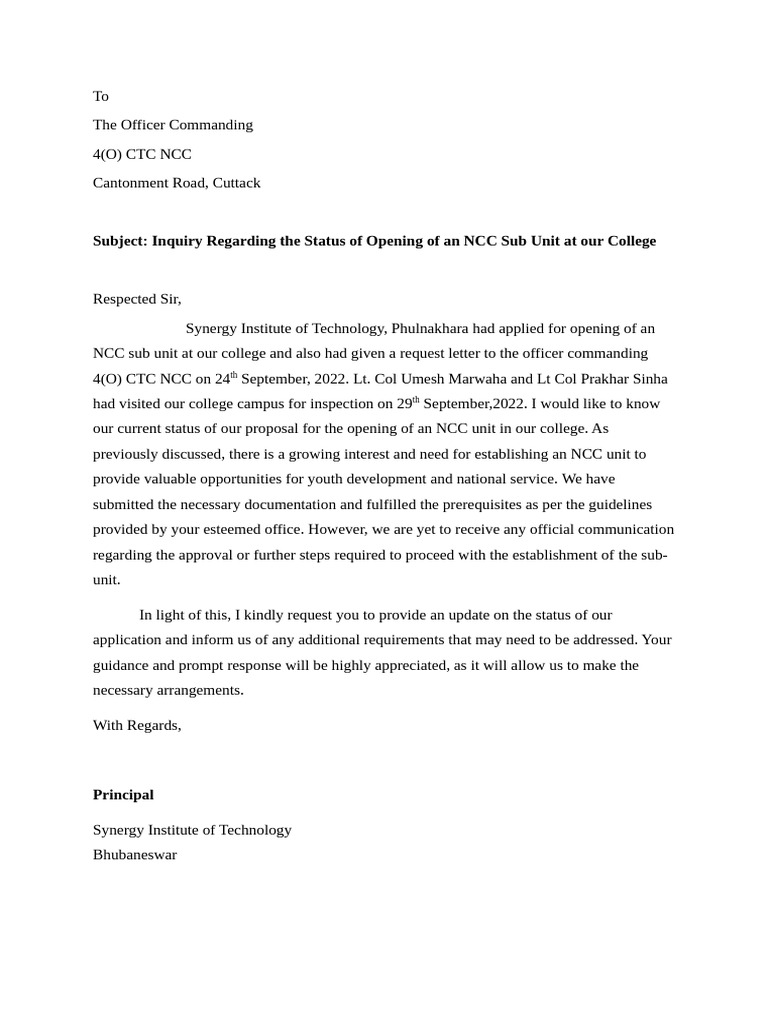 Letter To The NCC Comanding Officer 01 | PDF