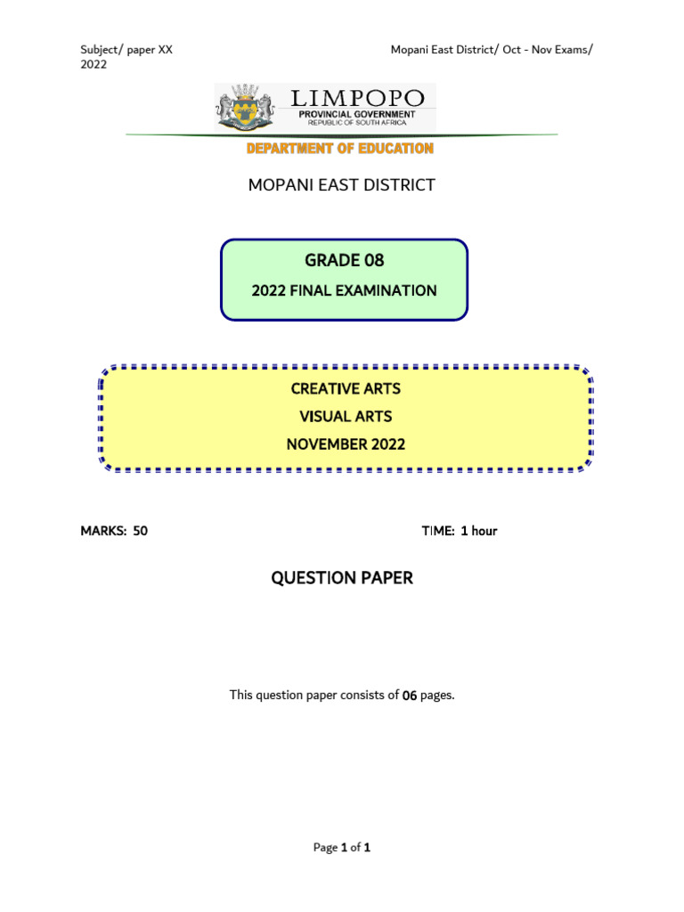 Grade 8, VISUAL ARTS, Question Paper, Final Examination 2022 | PDF | Multiple Choice | Artistic ...