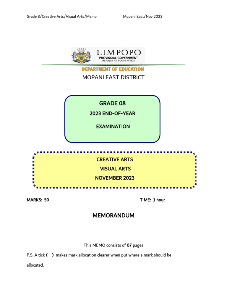 Grade 8 Visual Arts Exam Memo 2023 | PDF | Printmaking | Paintings