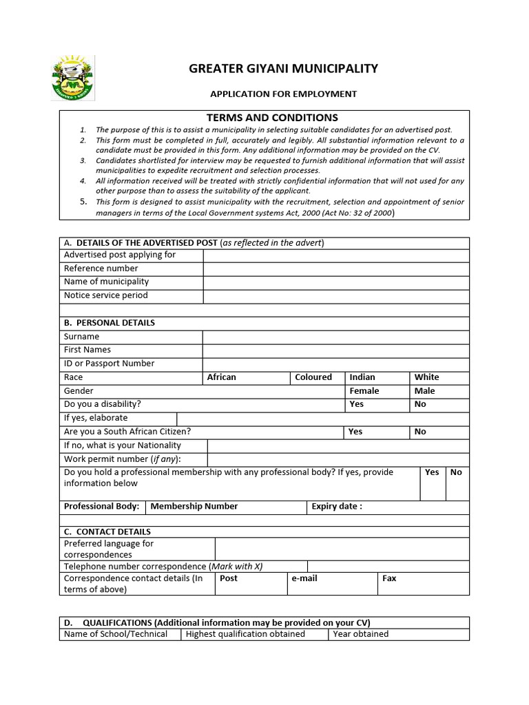 Greater Giyani Municipality Job Application | PDF | Recruitment | Justice
