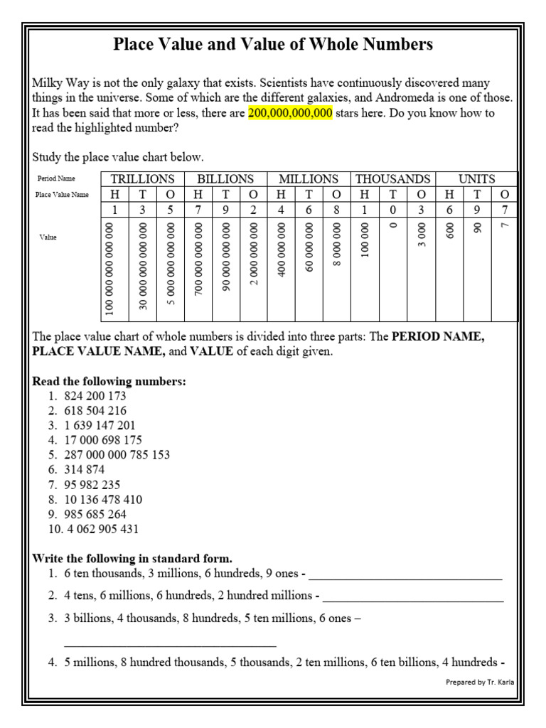 A. Place Value and Value of Whole Numbers | PDF | Galaxy | Milky Way