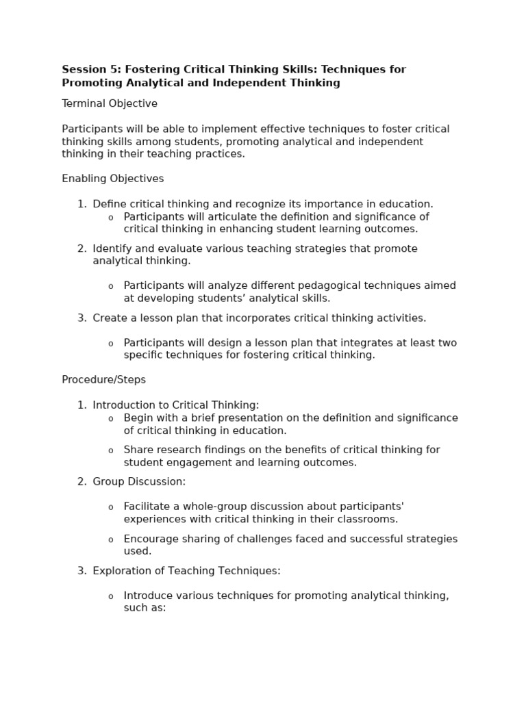 Session 5 Fostering Critical Thinking Skills Techniques For Promoting ...