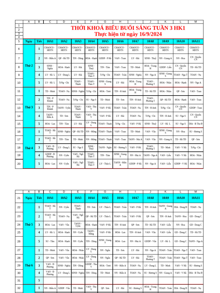 TKB TUẦN 3 năm học 2024 - 2025 (gửi gv) | PDF