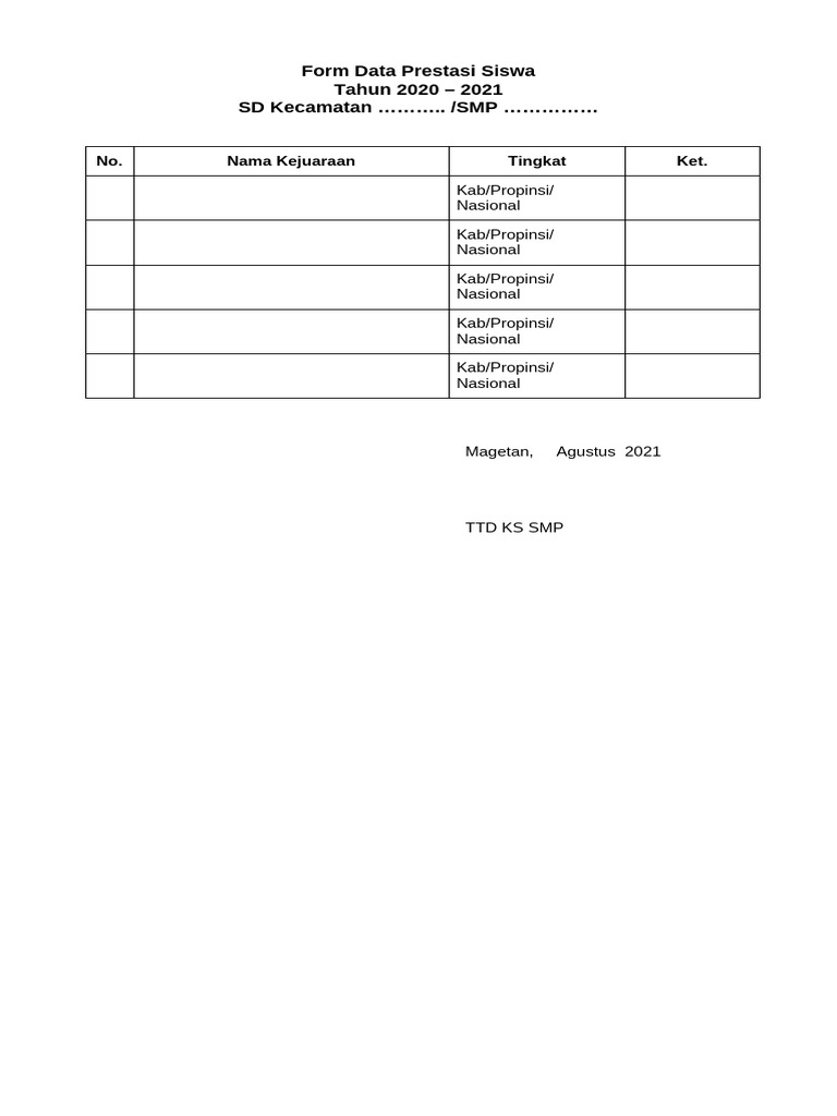 Form Data Prestasi Siswa Tahun 2020 - 2021 | PDF
