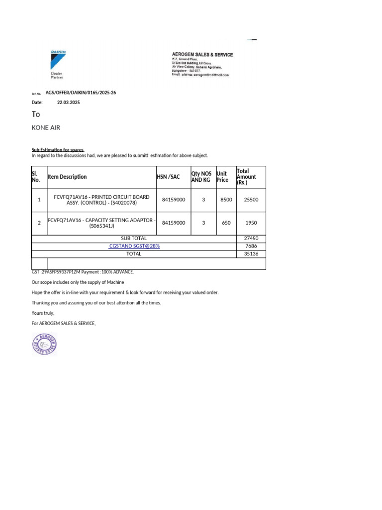 Aerogem Spare Quotation For Kone Air | PDF
