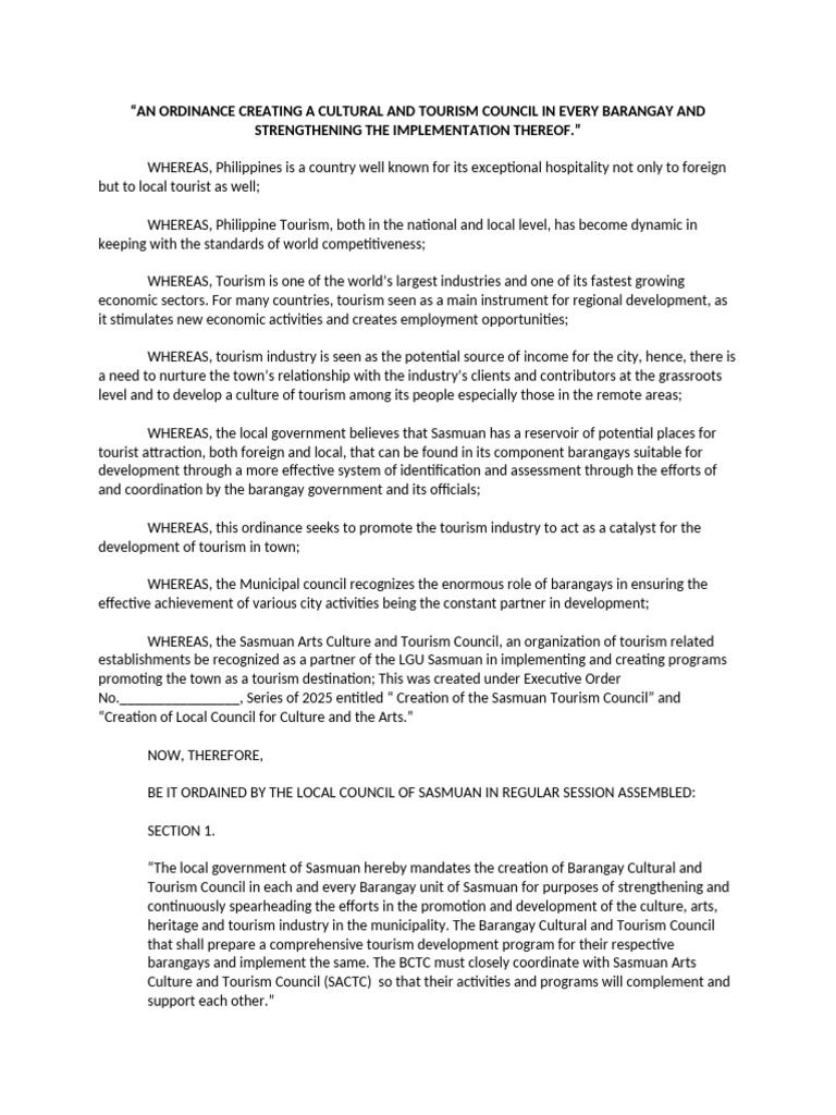 An Ordinance Creating A Cultural and Tourism Council For Barangay | PDF ...