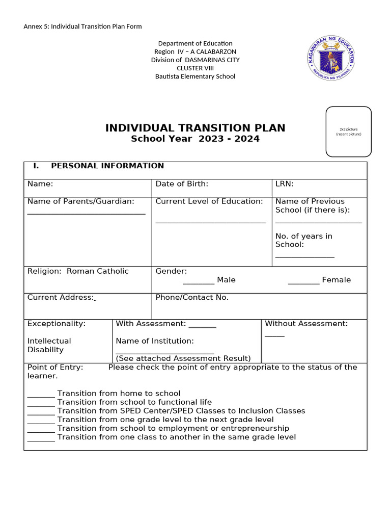 Annex 5 Individual Transition Plan | PDF | Intelligence | Learning