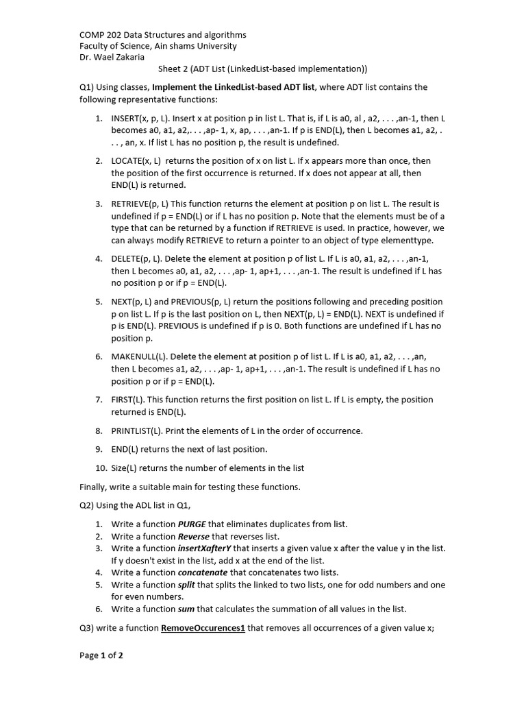 Sheet 2 Adt List Pointer Based Pdf Computer Programming Algorithms And Data Structures