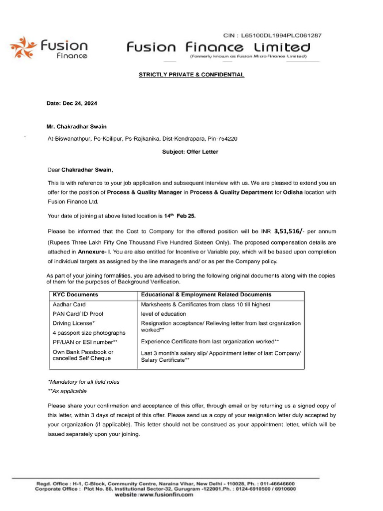 Offer Letter of MR - Chakradhar Swain-Process & Quality Manager | PDF