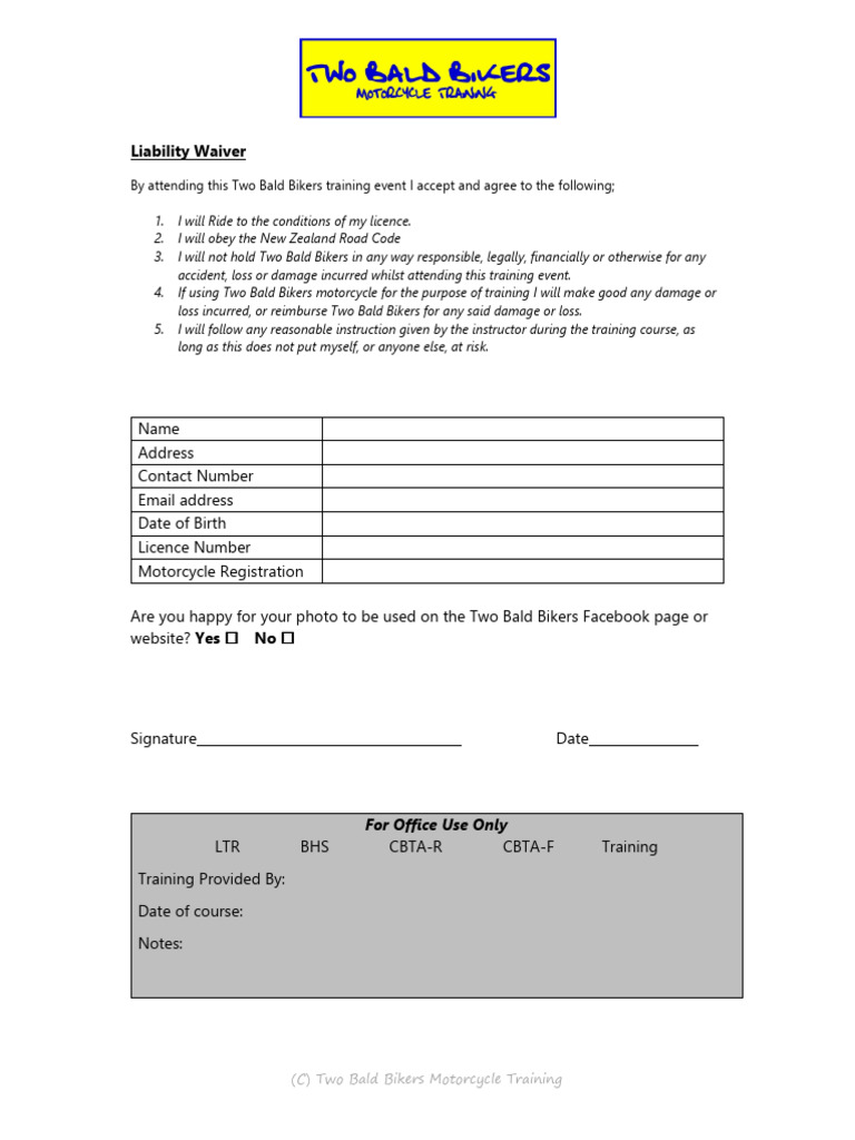 Two Bald Bikers Training Waiver Form | PDF
