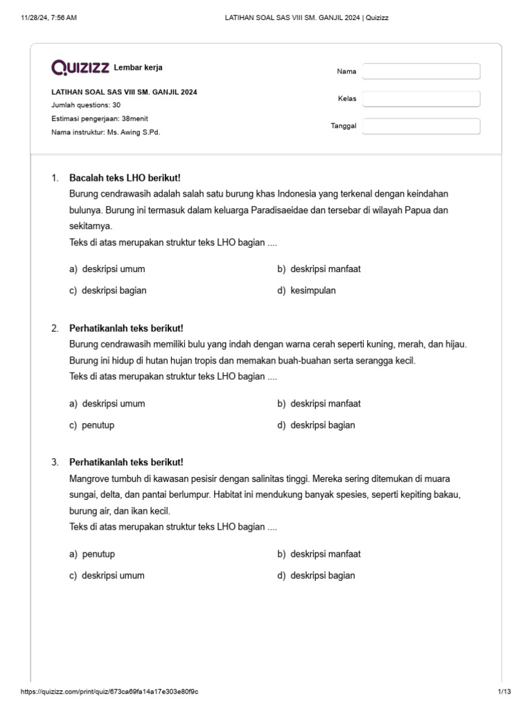 LATIHAN SOAL SAS BIN VIII SM. GANJIL 2024 - Quizizz | PDF