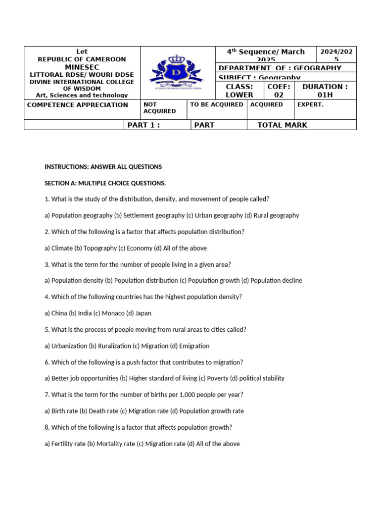 Geography Exam: Population & Urbanization | PDF | Human Migration ...