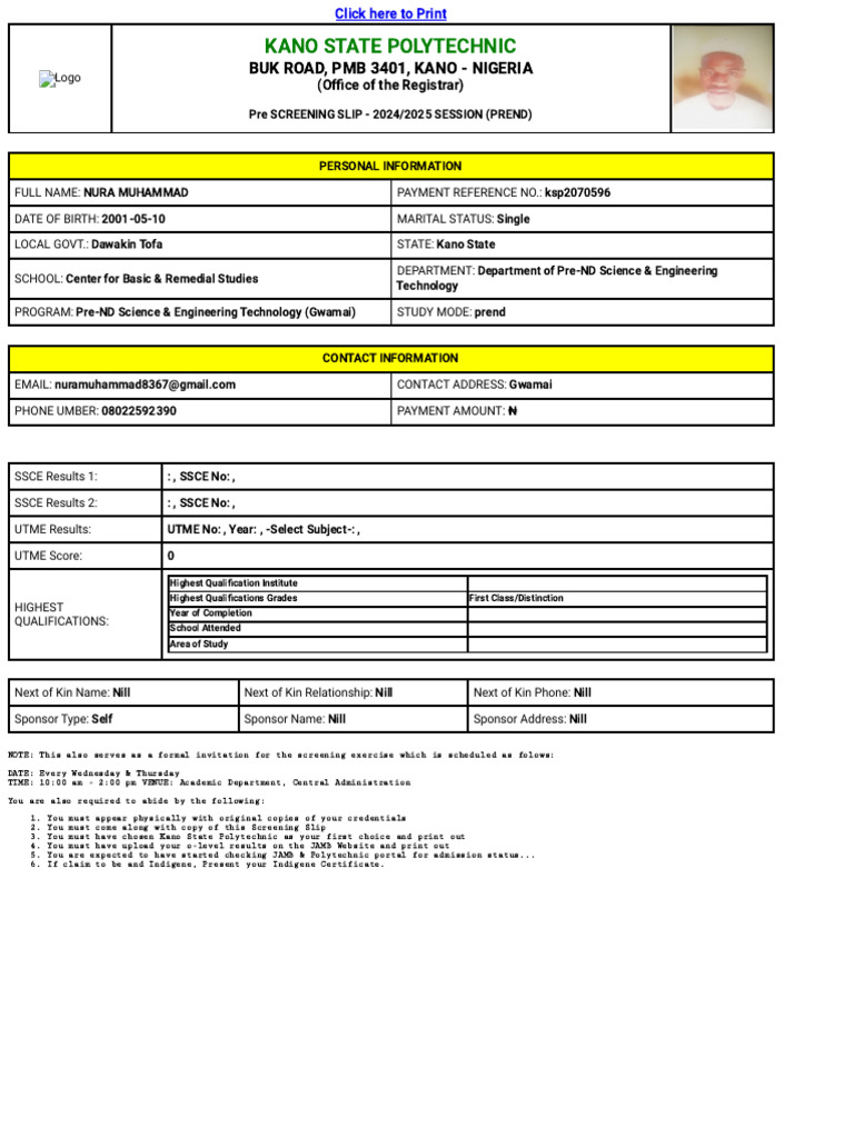 Nura Muhammad Application Form | PDF | Student Assessment And Evaluation | Vocational Education
