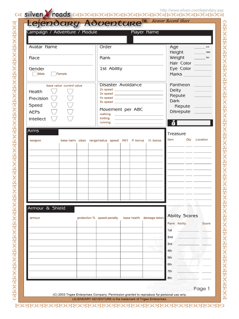 Lej Adv Avatar Sheet Silven Roads | PDF