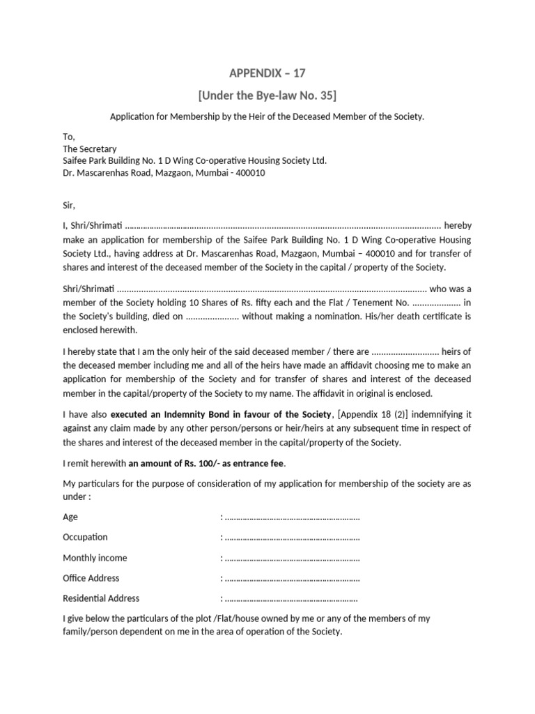 Appendix-17-Bye-Lawsno.35 - Application For Membership by The Heir of The Deceased Member of The ...