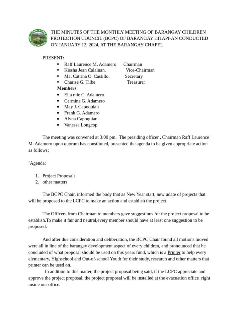 Bcpc Minutes of Meeting(5) | PDF