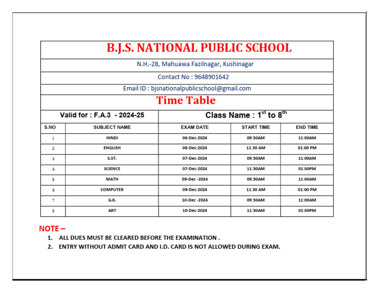 Time Table 1st To 8th | PDF
