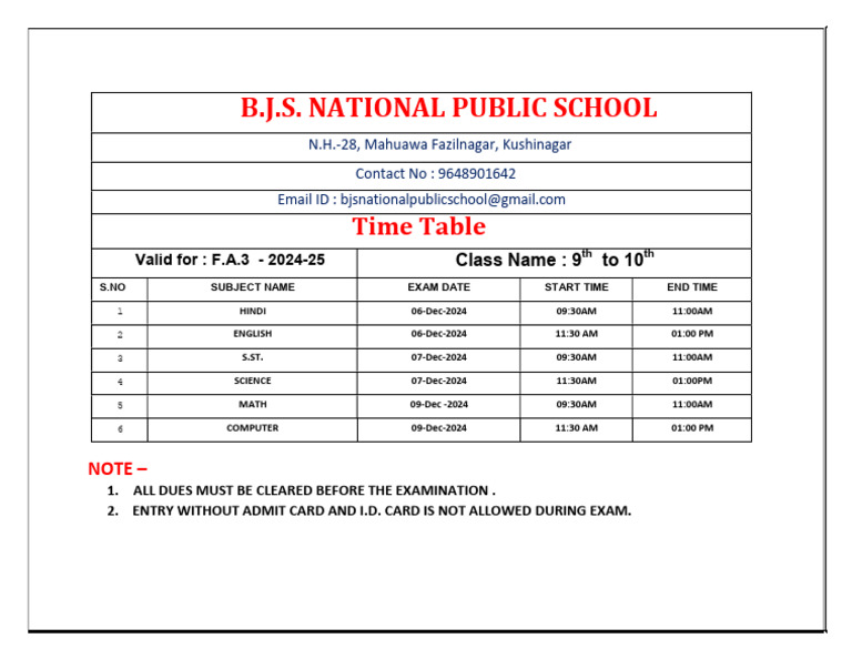 Time Table 9th To 10th | PDF