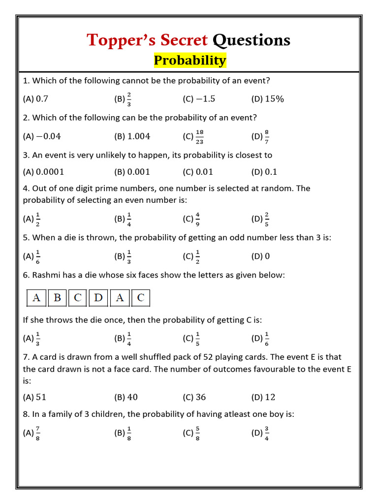 Maths Class 10 Probability Important Questions | PDF | Probability ...