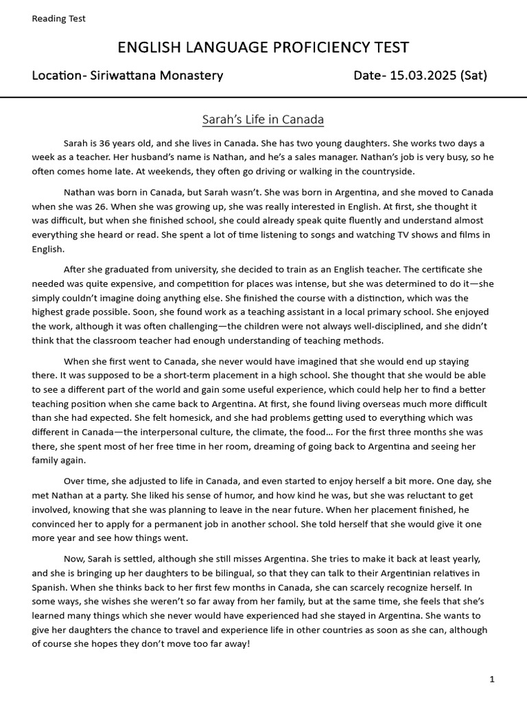 Reading Level Test | PDF