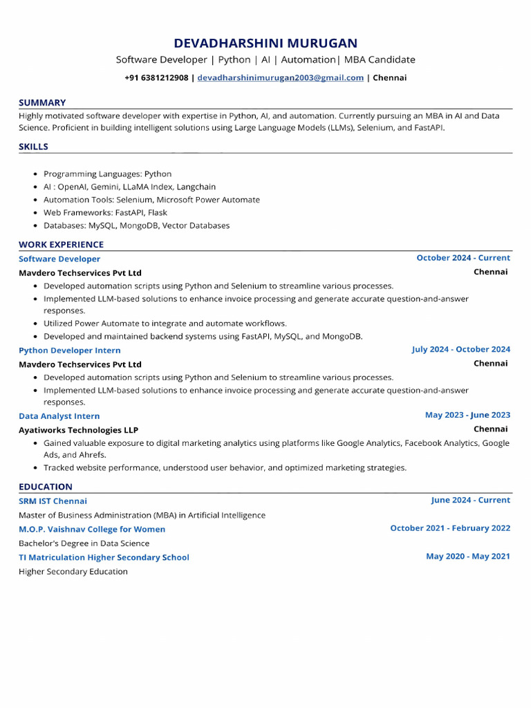Devadharshini Murugan Resume | PDF