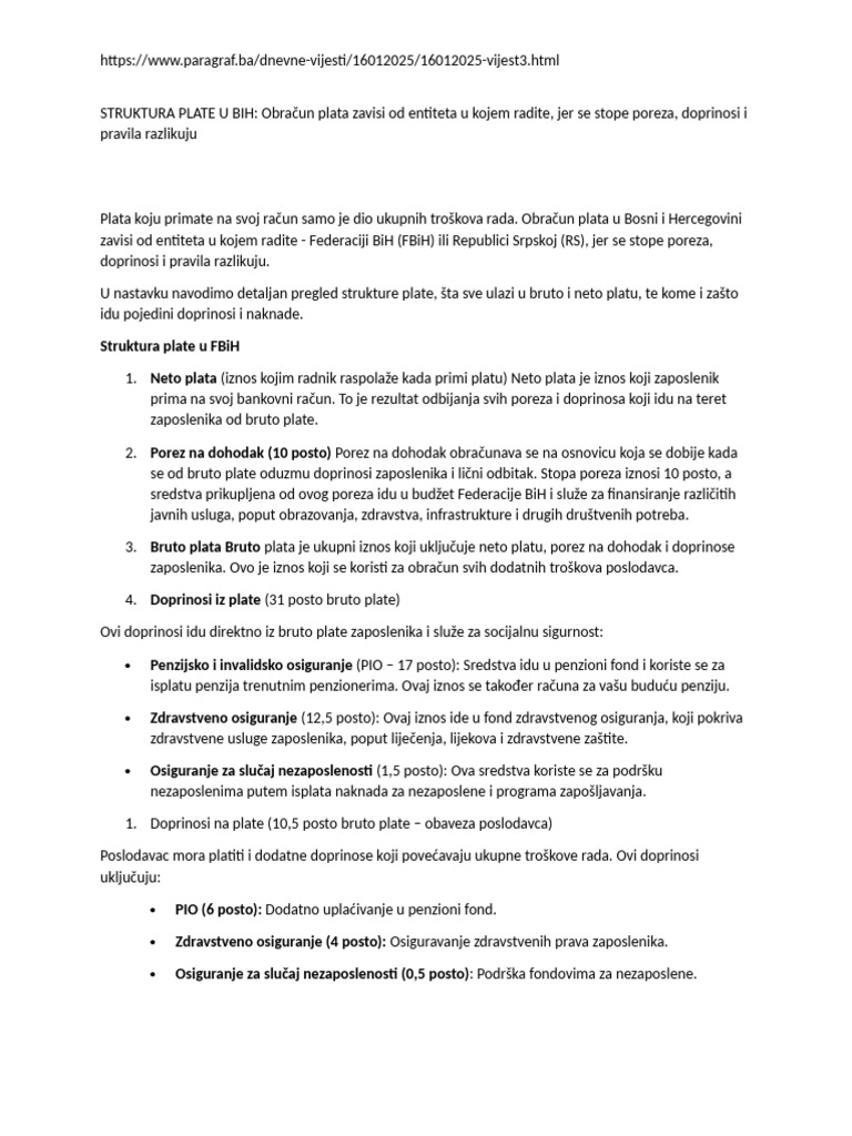 Struktura Plate U Bih | PDF