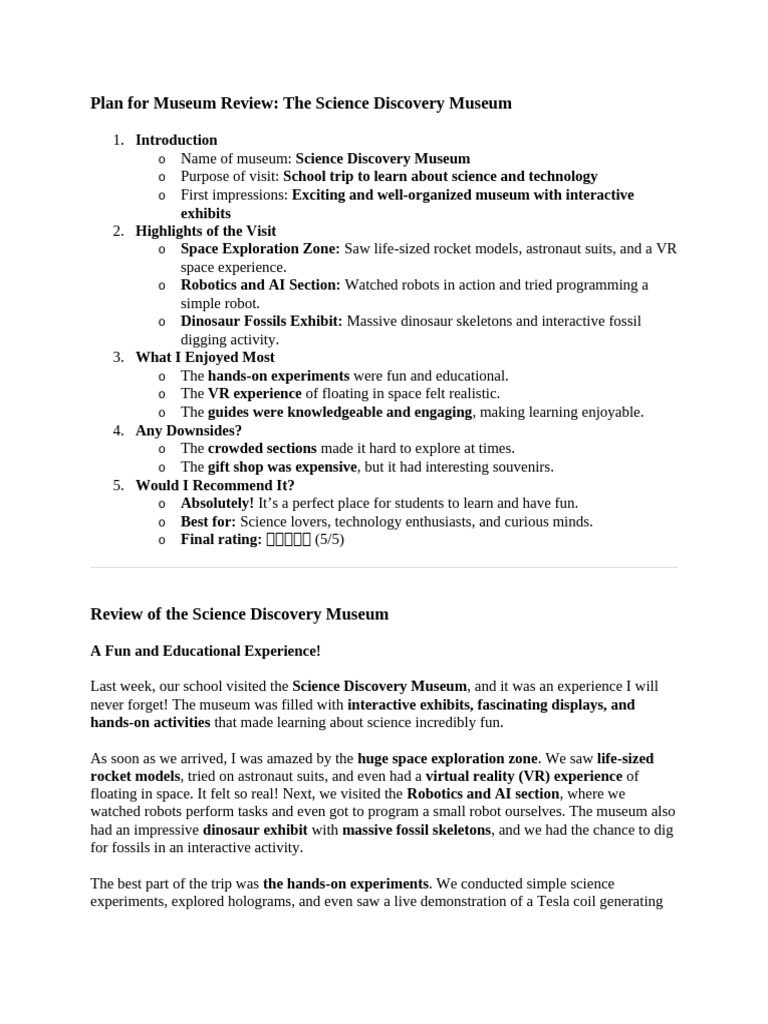 Plan for Museum Review- The Science Discovery Museum | PDF | Virtual ...