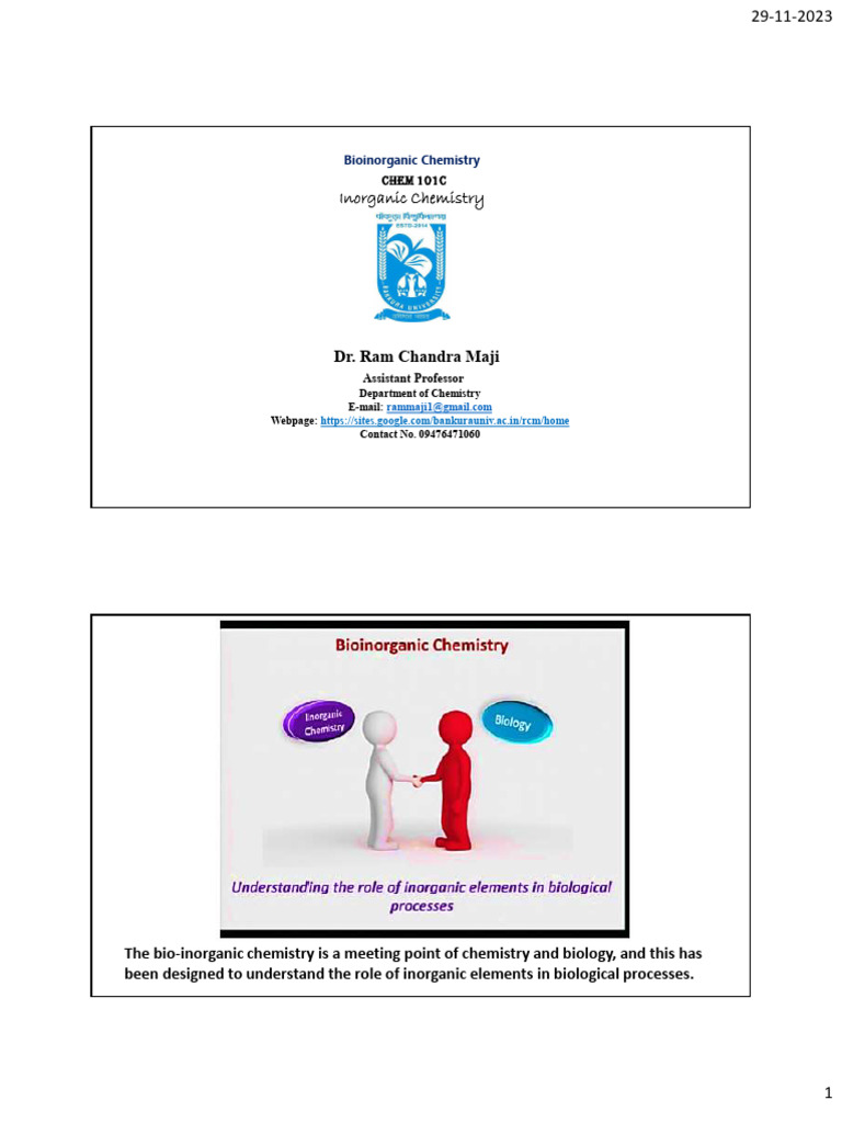 Bioinorganic Chemistry - 29 - 11 - 23 | PDF | Chemistry | Physical Sciences