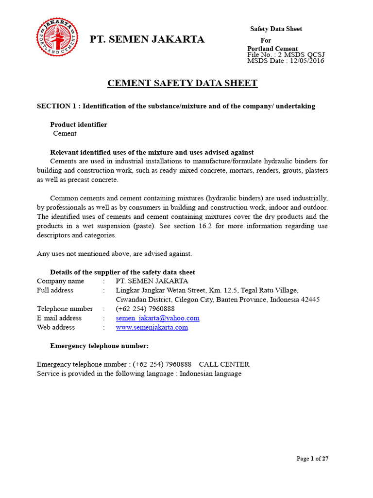 MSDS Semen PT Semen Jakarta | PDF | Cement | Firefighter