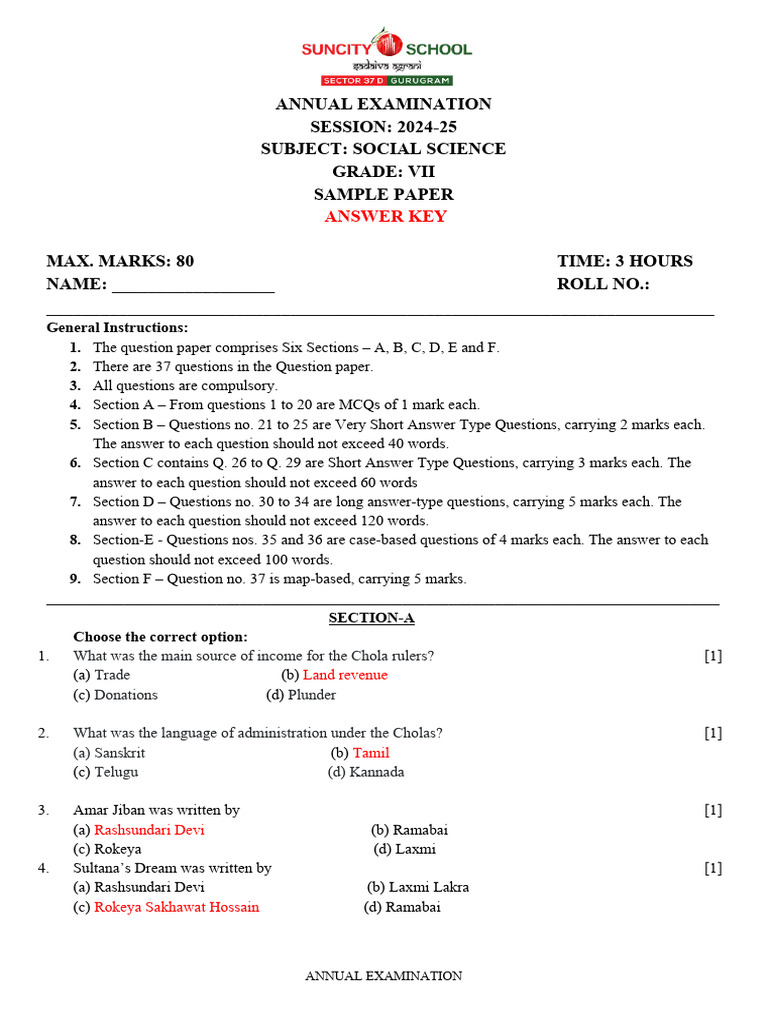 VII - Social Science - Sample Paper Answer Key - AE - 24-25 | PDF ...