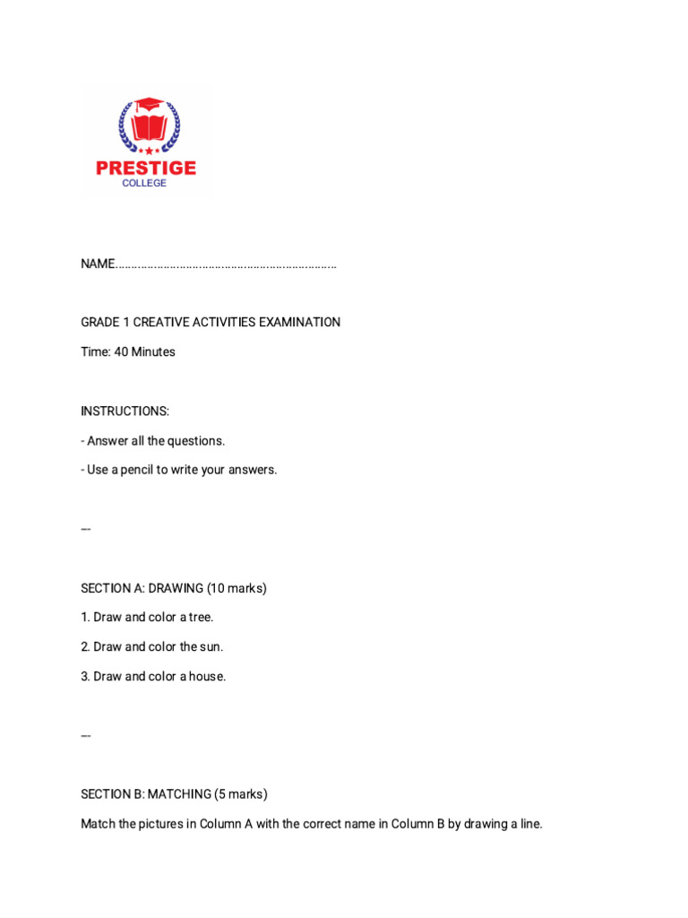 Class 1 Drawing Activities Exam | PDF