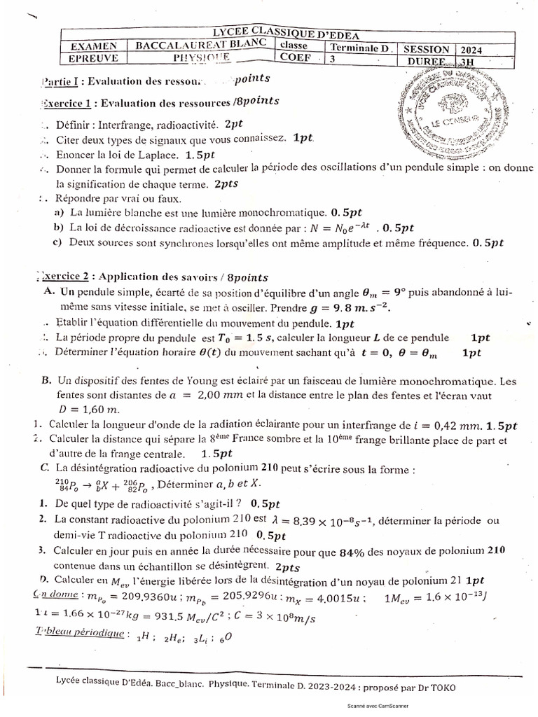 Physique Bac D Blanc LCE | PDF