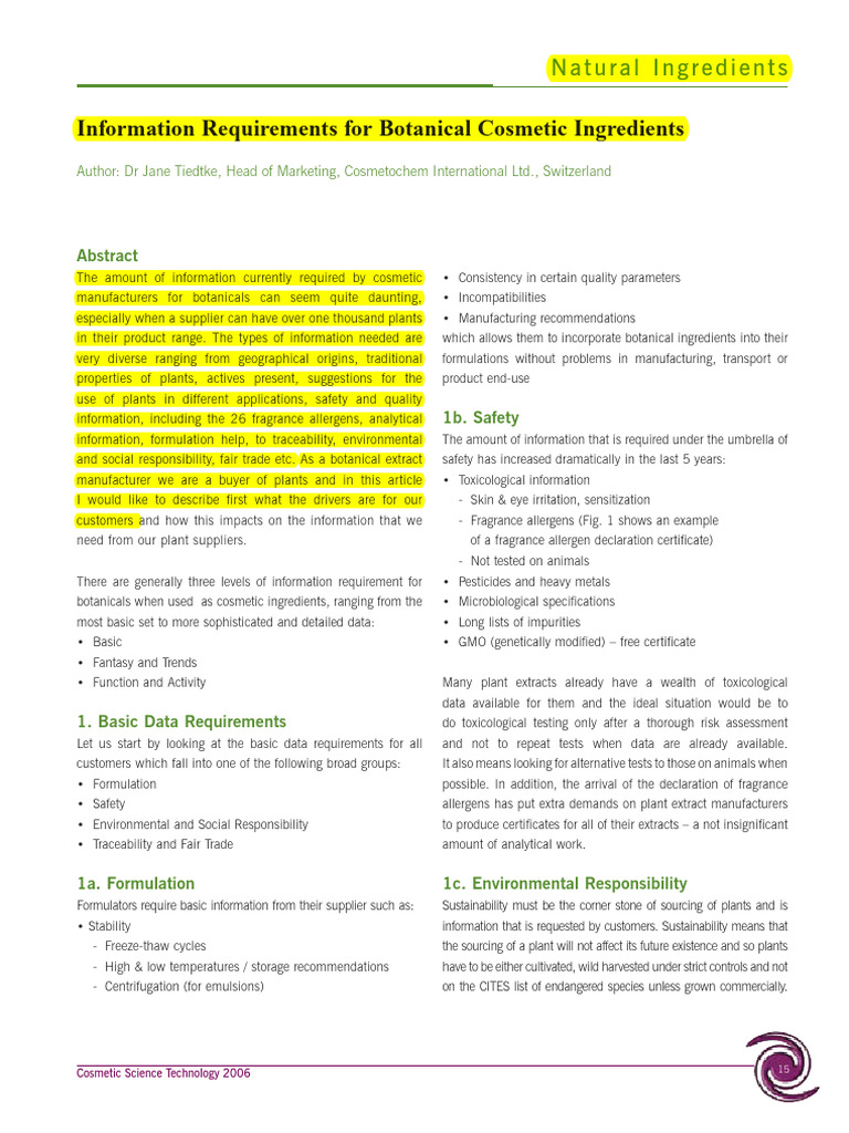 Information Requirements For Botanical Cosmetic Ingredients | PDF ...