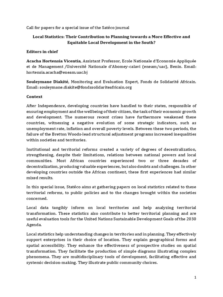 Call for Papers: Local Statistics in Development | PDF | Geography ...