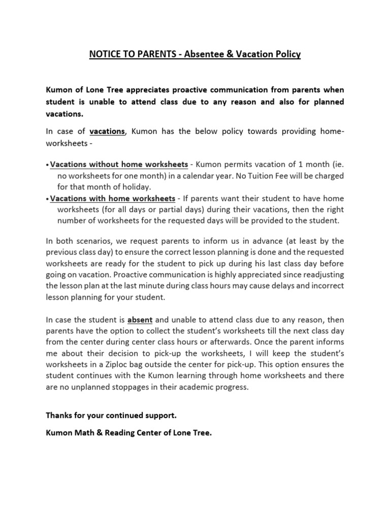 NOTICE To PARENTS - Absentee & Vacation Policy | PDF