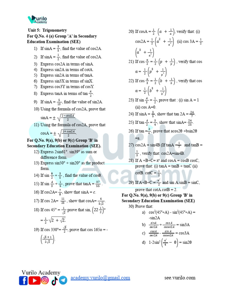 Trigonometry Unit Test Solutions | PDF | Elementary Mathematics | Geometry