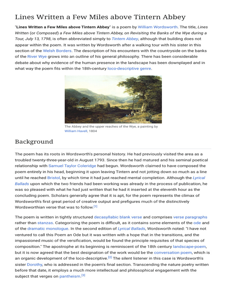 Lines Written A Few Miles Above Tintern Abbey - Wikipedia | PDF | Poetry