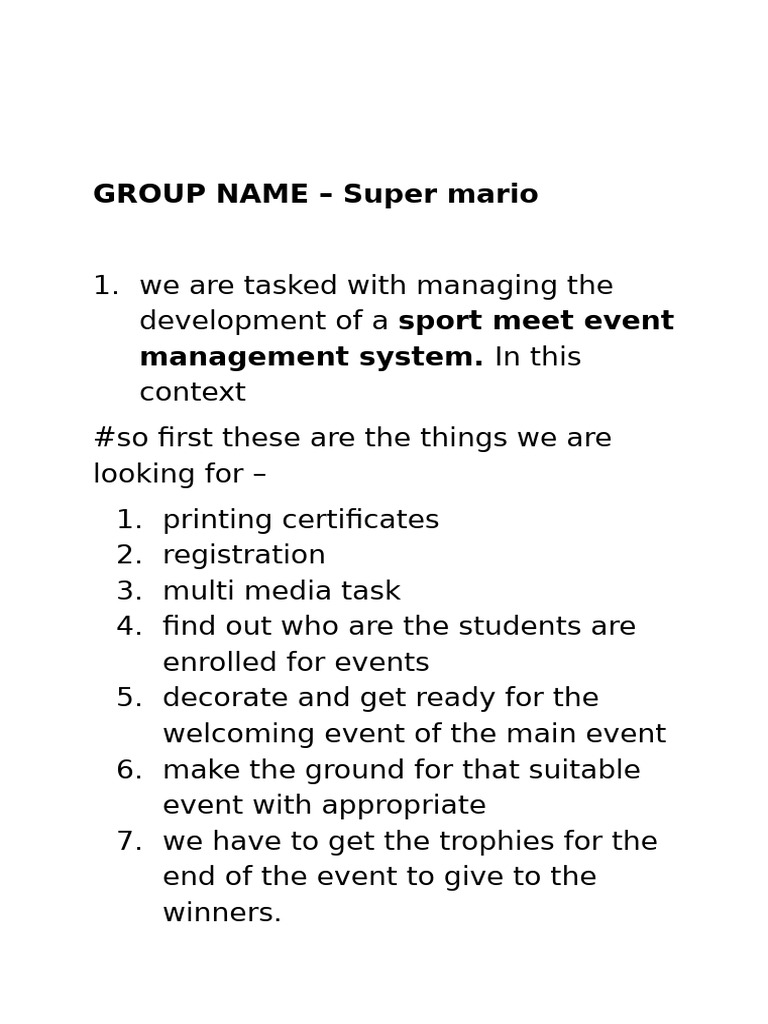 Sport Meet Event Management System - Group Super Mario | PDF