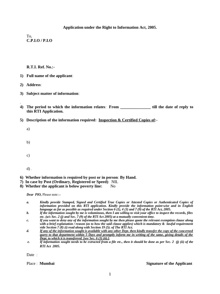 RTI Application Format Template | PDF