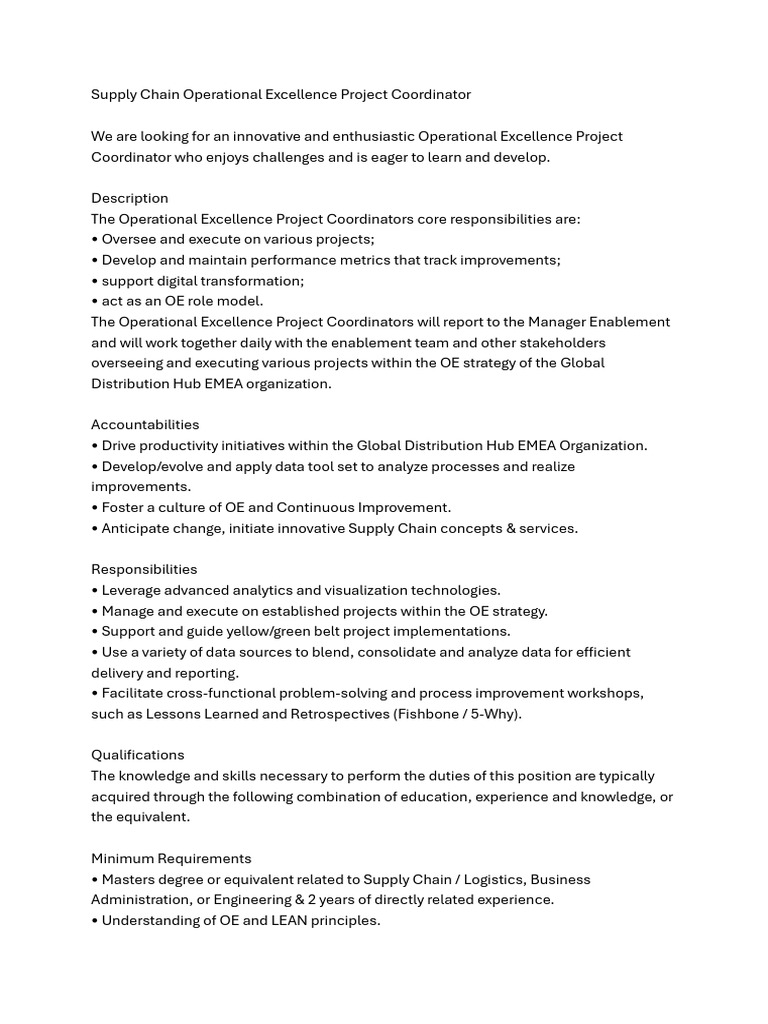 NL CW Supply Chain Operational Excellence Project Coordinator | PDF | Supply Chain | Logistics