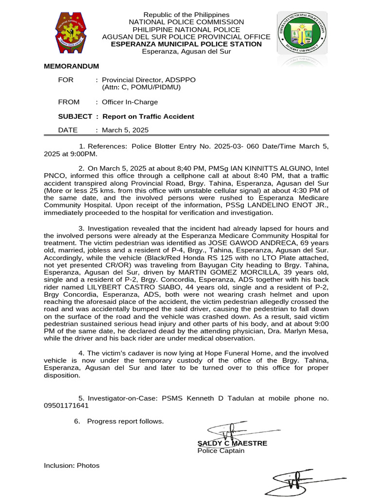 Report On Traffic Accident (Jose Andreca) | PDF | Road Transport | Land ...