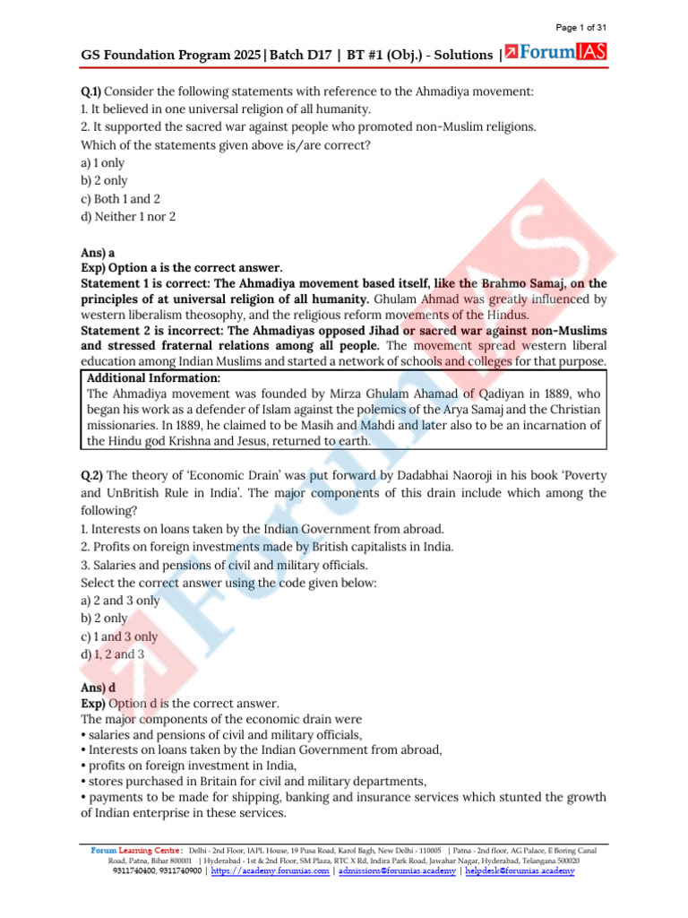 GS Foundation 2025 Batch D17 BT 01 Objective Sol - 123456 | PDF | British India | Indian Nationalism